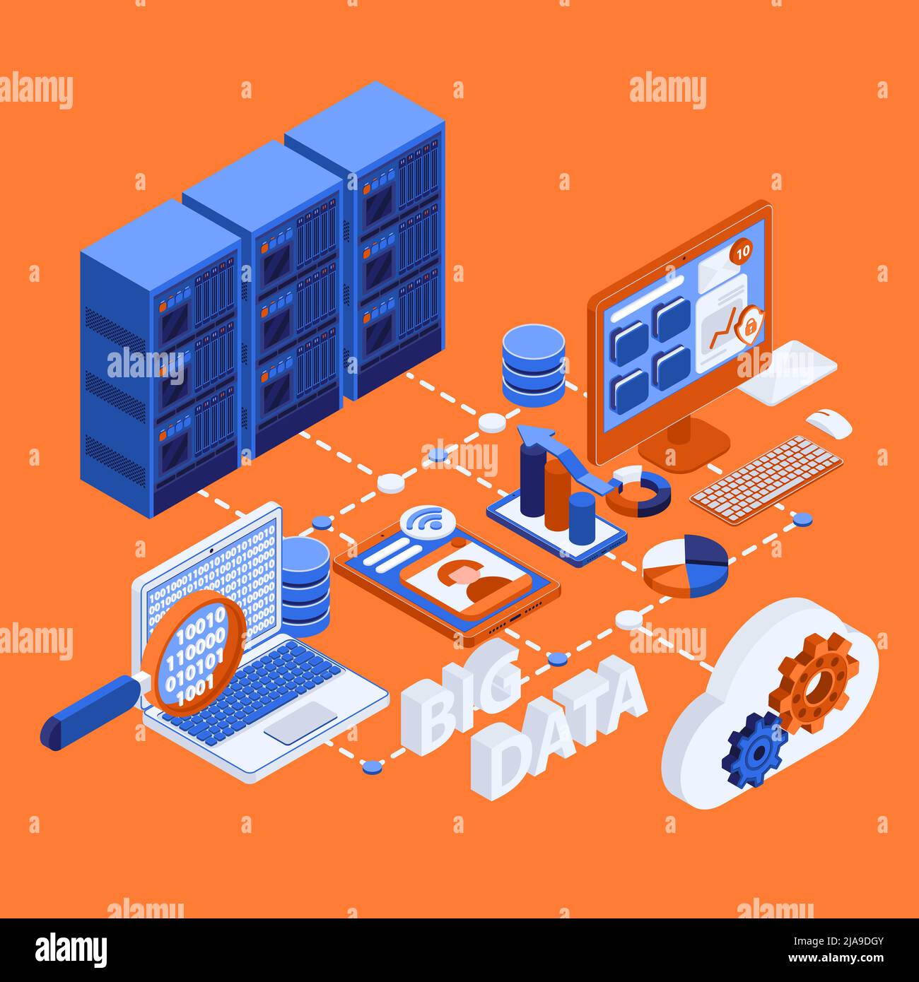 Isometric flowchart depicting the process of transferring big data between a server and cloud ...