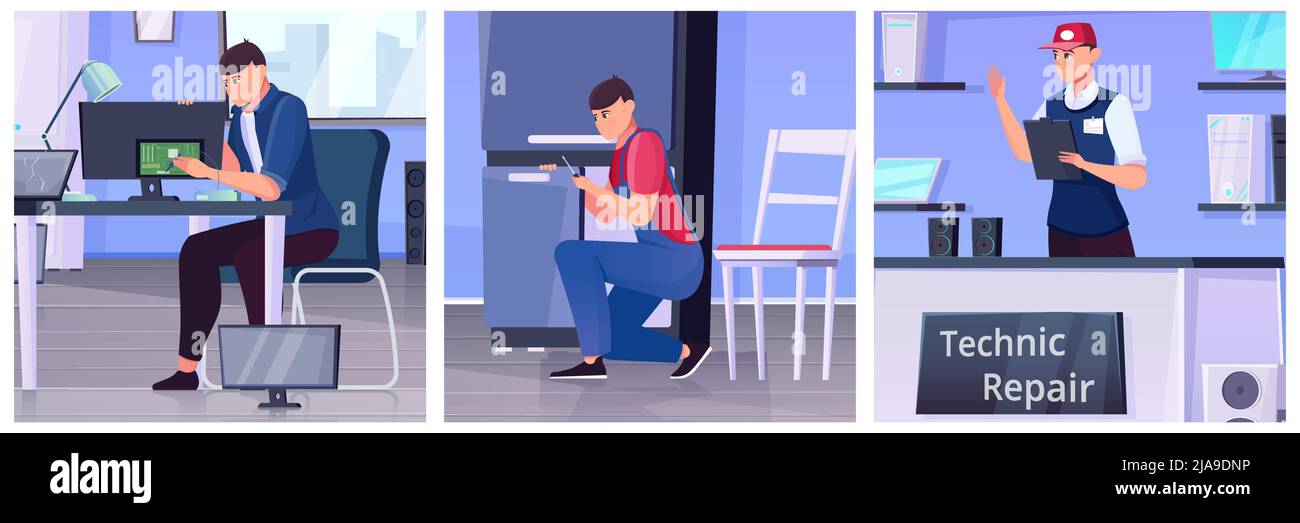 Repairmen and repair service at work on blue background flat vector ...