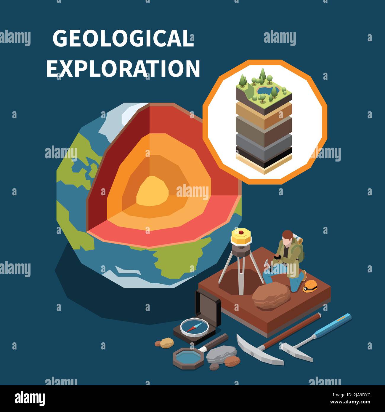Geology earth exploration isometric colored composition with geological ...