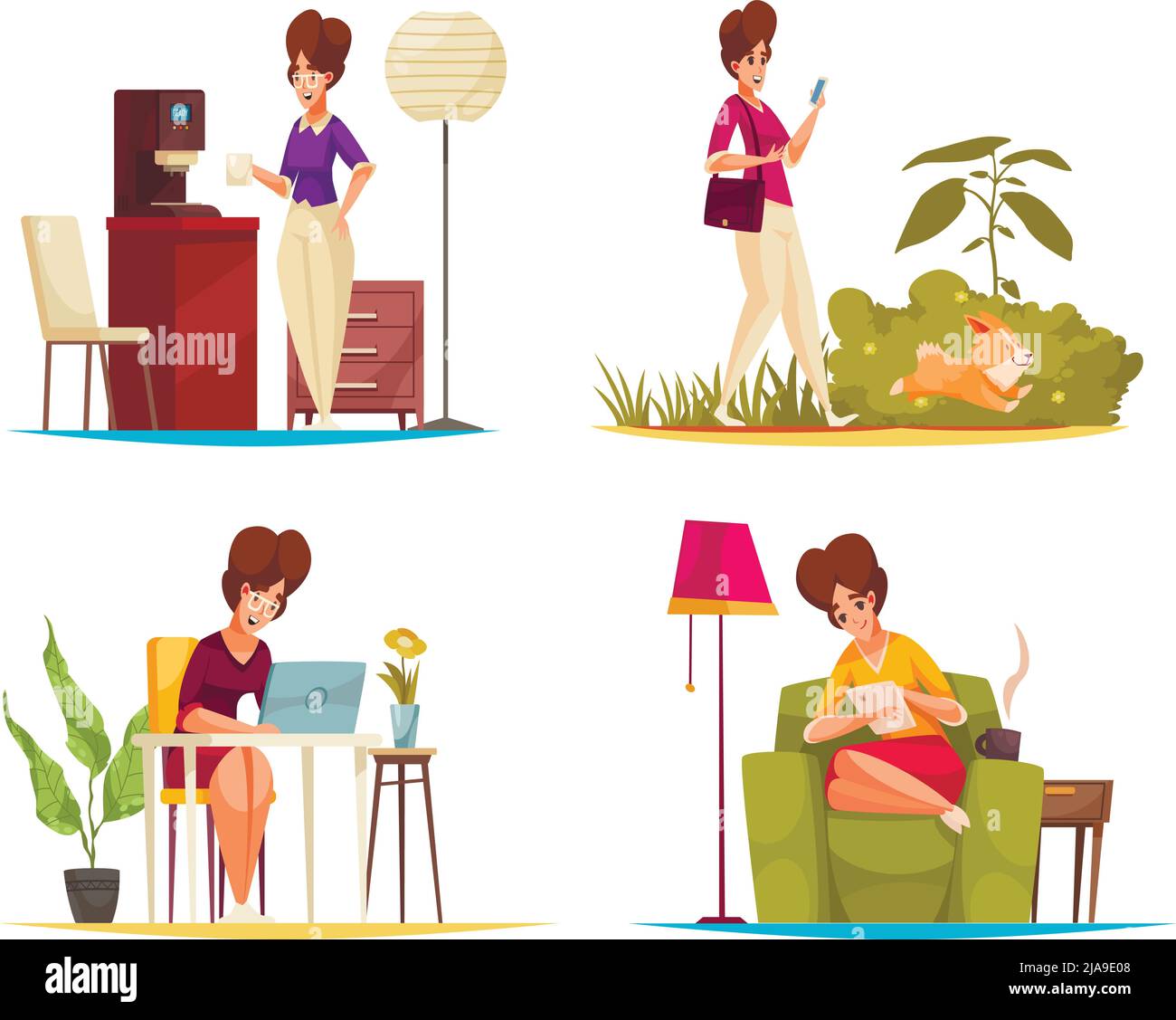 Daily routine 2x2 design concept set of woman characters drinking ...