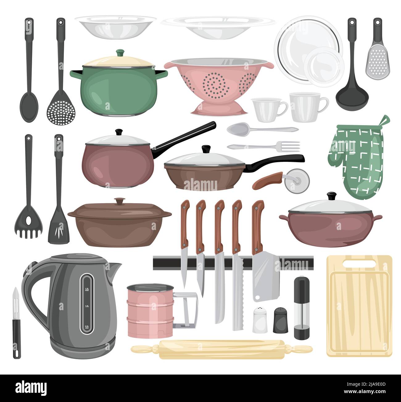 Kitchen color set of isolated icons with frying pans cooking pots ...