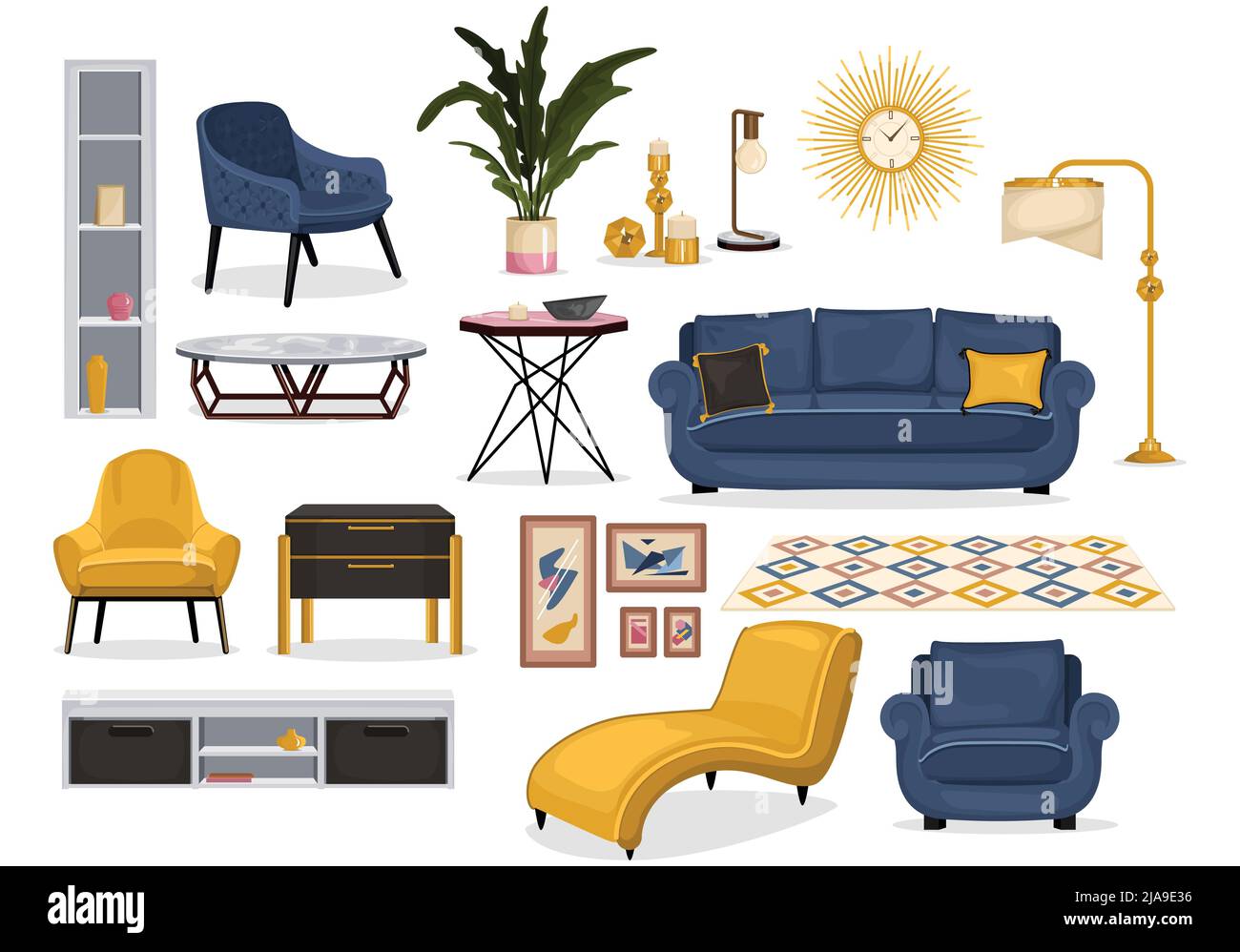 Set of isolated furniture interior decor icons with images of soft ...