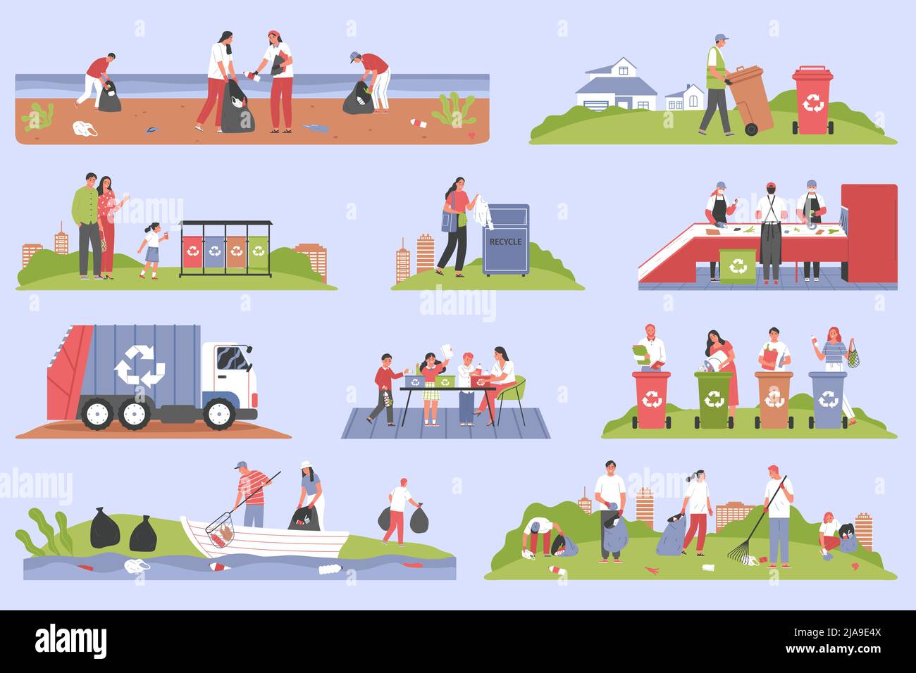 Garbage recycling color set of isolated compositions with people ...