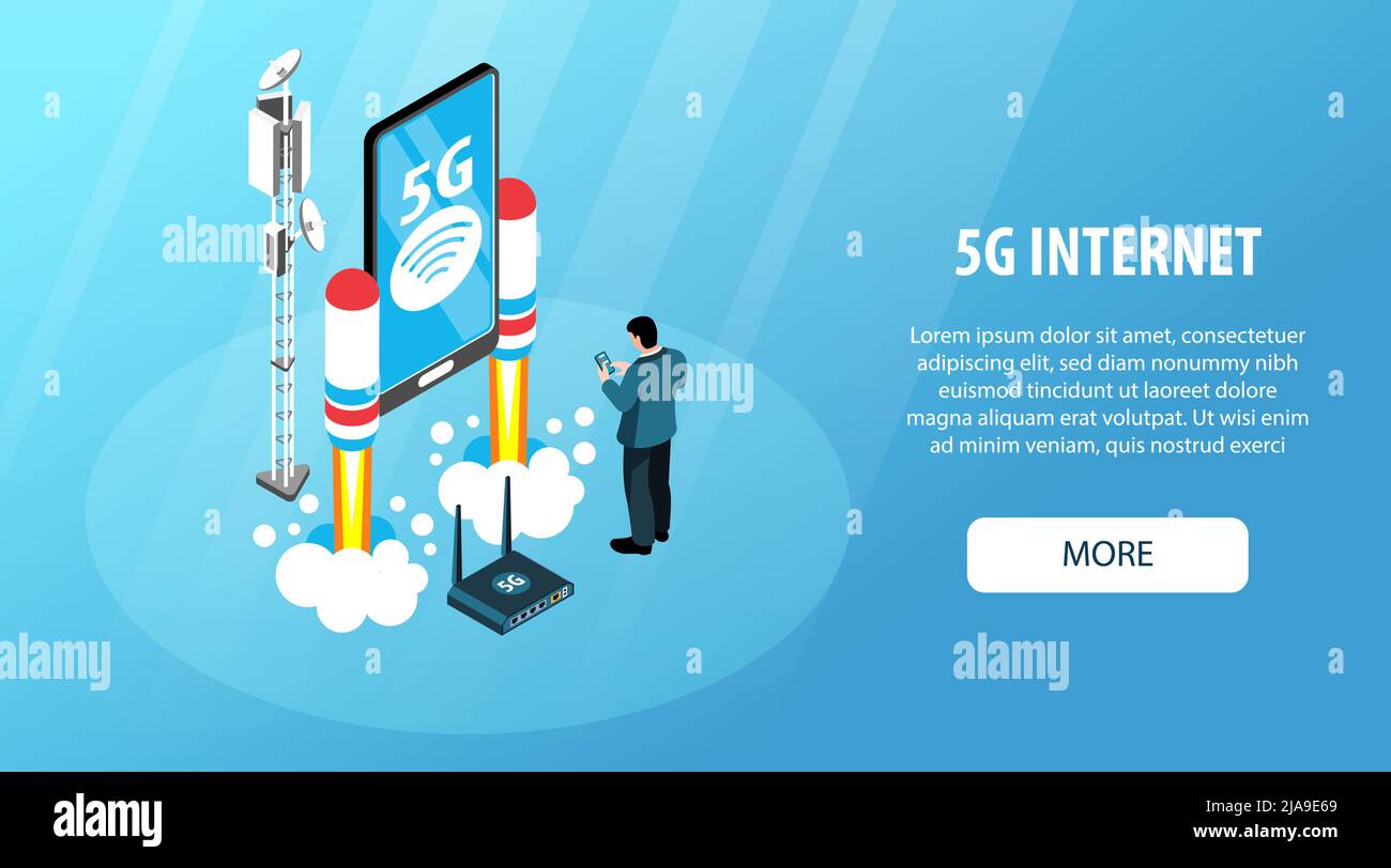 5g Internet banner with antenna and receiver symbols isometric vector ...