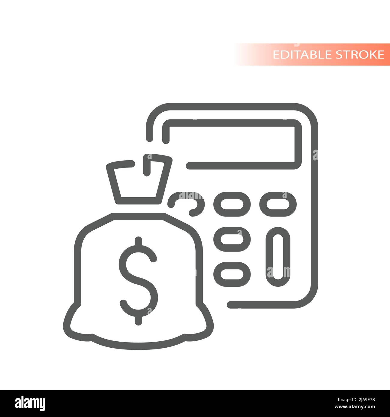 Calculator and money bag line vector icon. Finance, investment outlined ...
