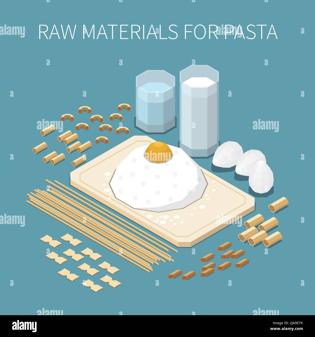 Macaroni pasta production square isometric composition with raw ...