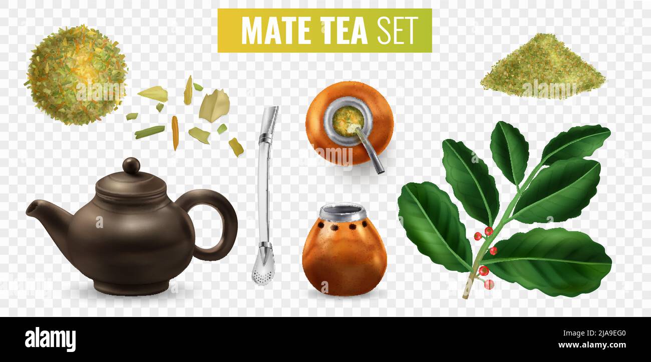 Mate tea realistic set with teapot calabash bombilla leaves isolated on ...