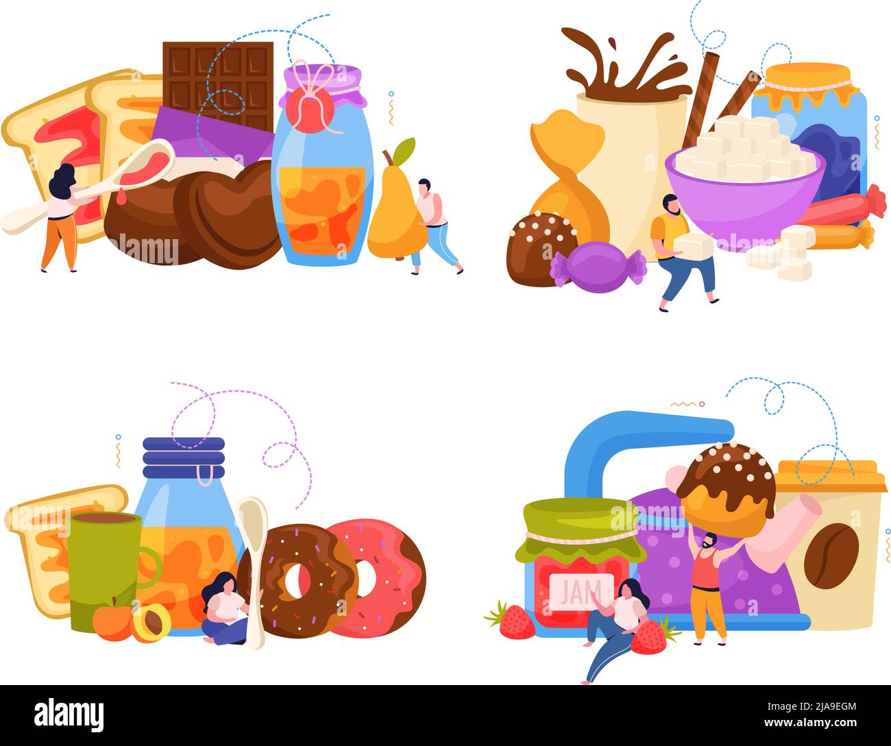 Jam production set of four flat compositions with people and sweet ...