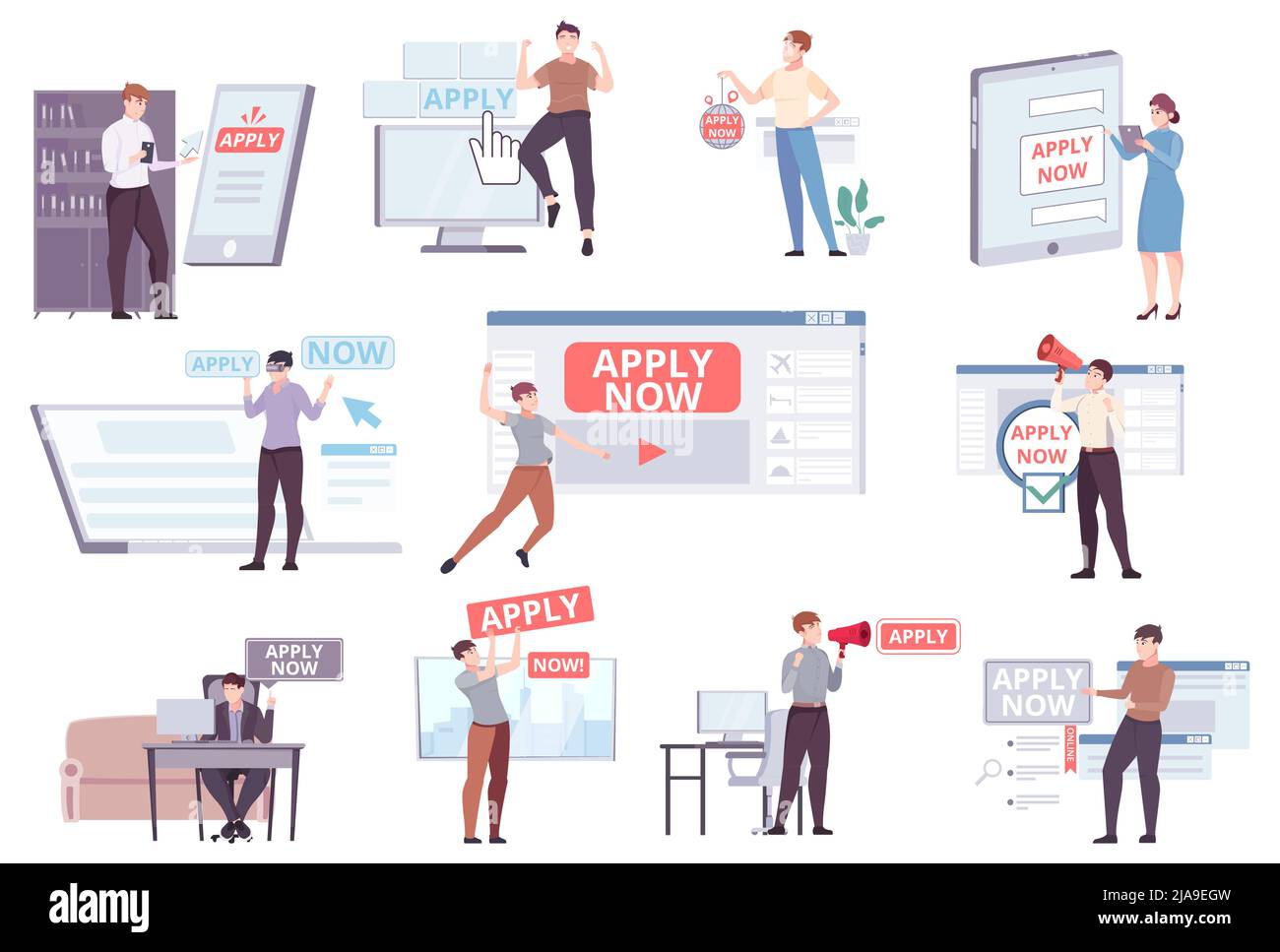 Apply now registration set with flat isolated icons human characters ...