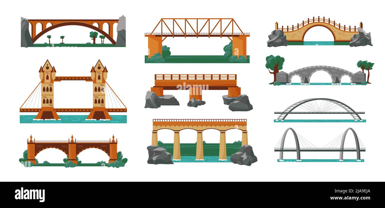 Bridges color icon set structures for different terrain and landscape on the mountains plains ...