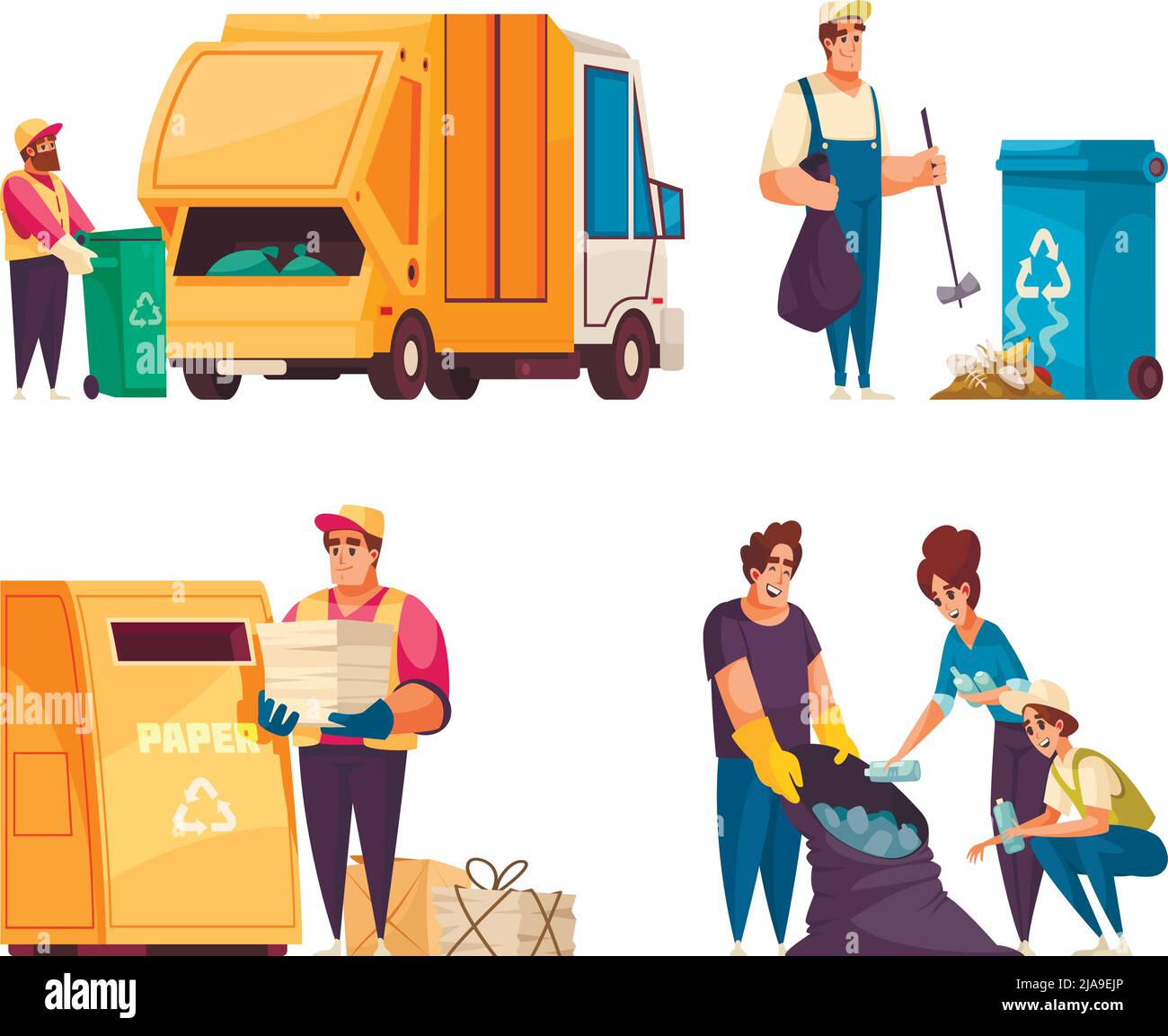 Four cartoon compositions set with happy people collecting and sorting ...