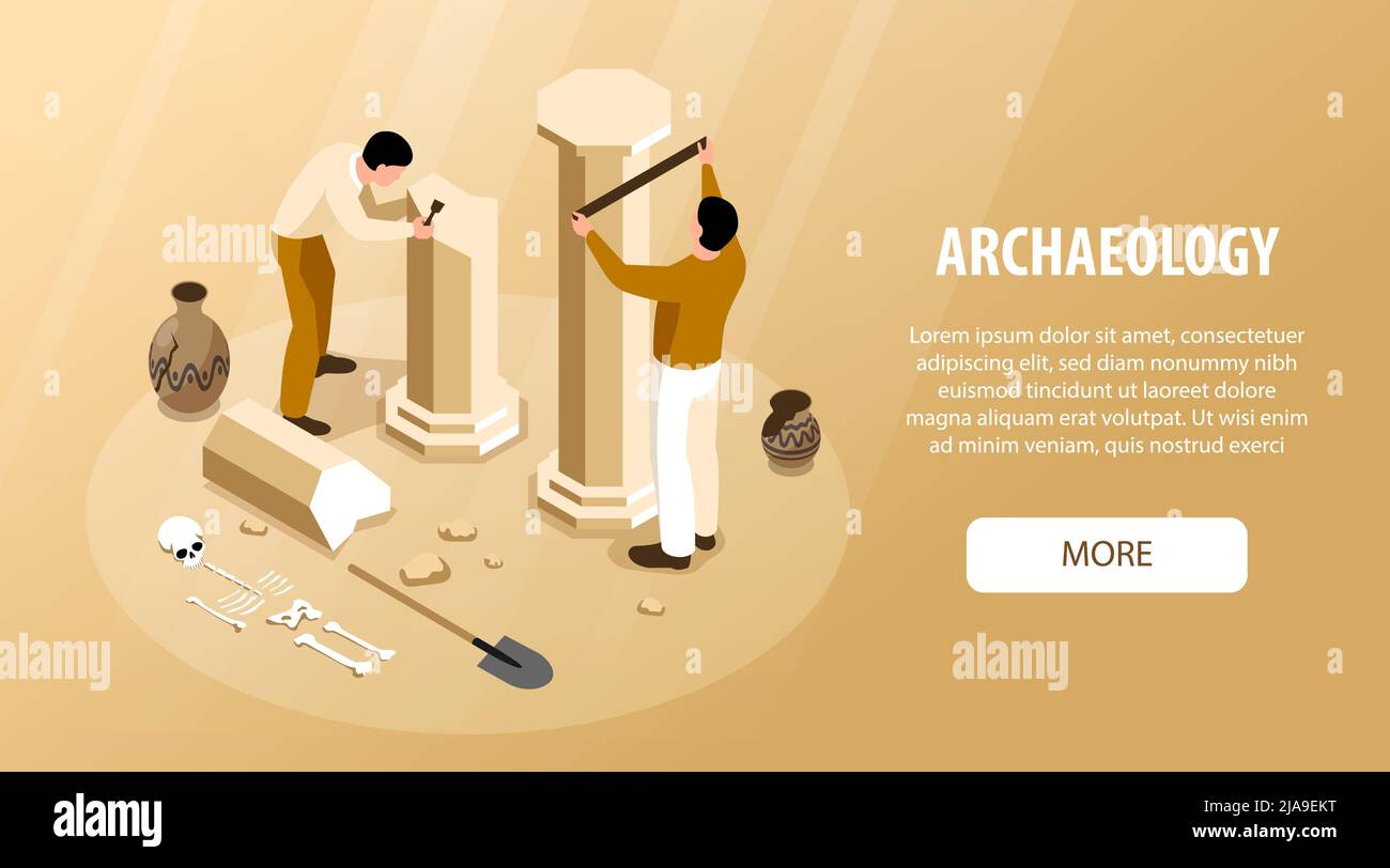 Archaeology isometric horizontal banner with vase and tomb symbols ...