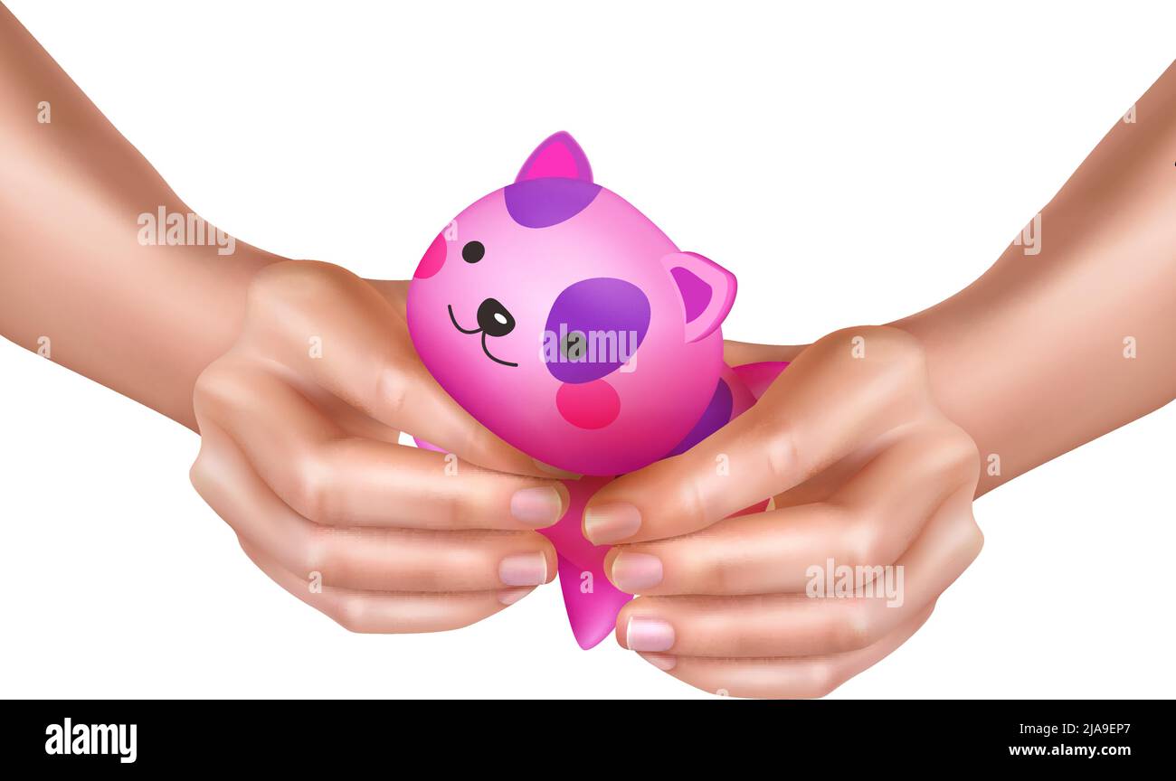 Realistic cute squish cat antistress toy in human hands on white ...