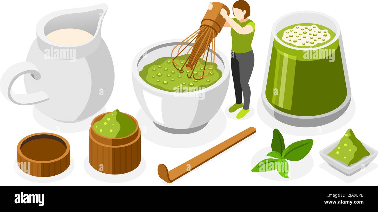 Tea day set with green matcha tea symbols isometric vector illustration ...