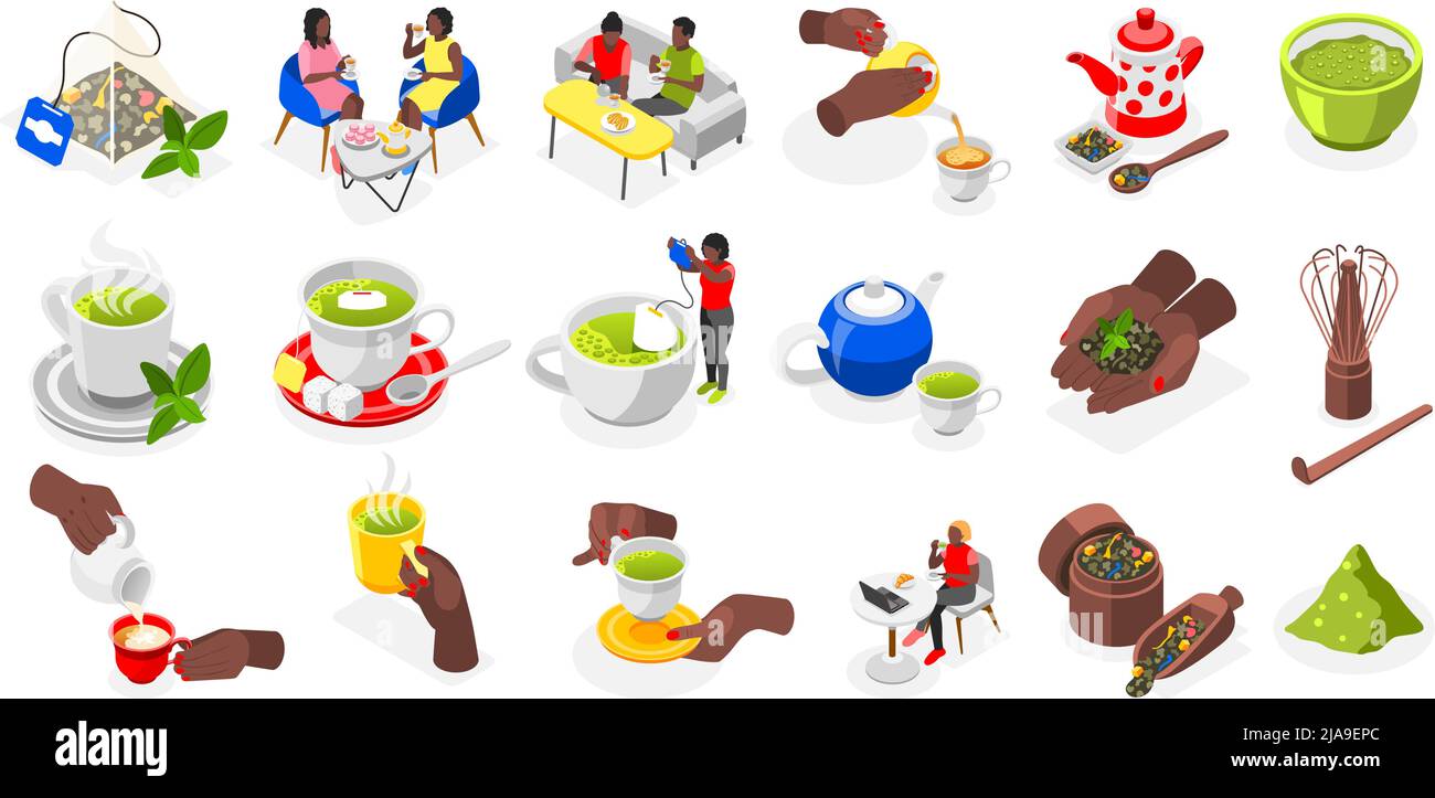 Tea day recolor set with national tea symbols isometric vector ...
