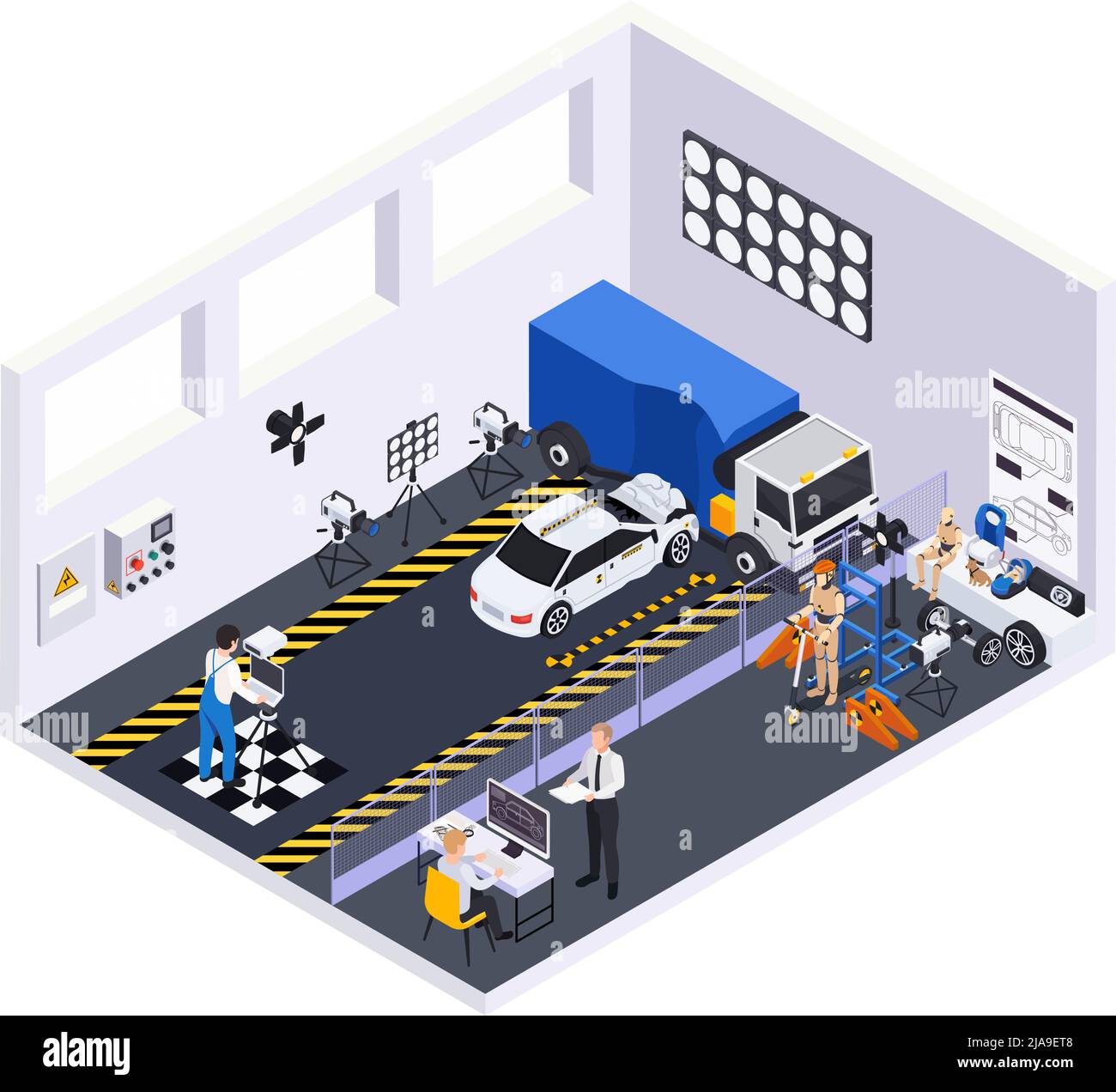 Crash test car safety isometric composition with indoor scenery and car ...