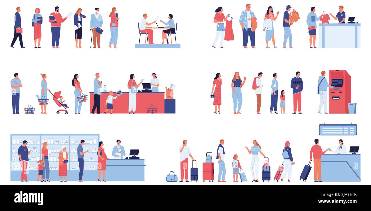 Set of isolated long queue compositions with human characters of ...