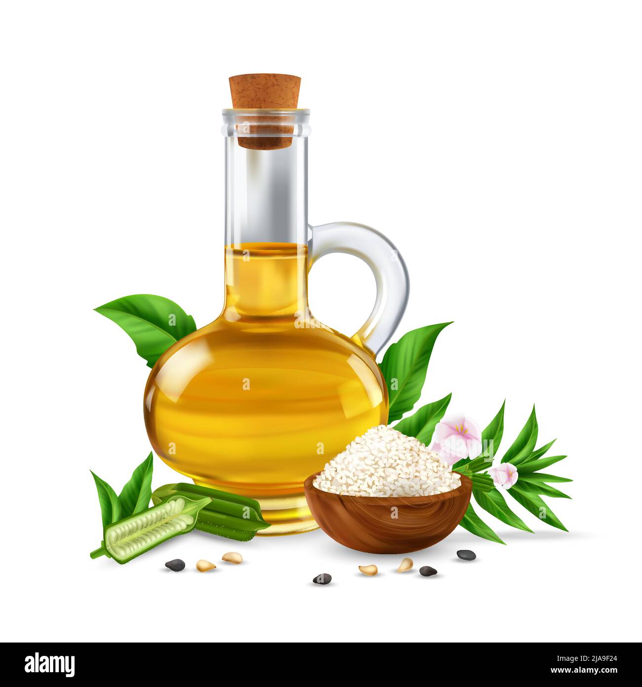 Realistic glass jug of natural sesame oil with cork wooden bowl of ...