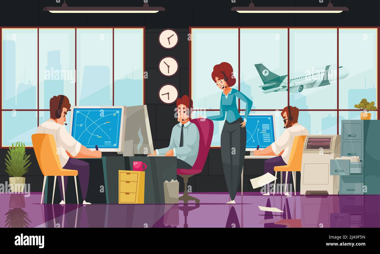 Airport flight control service workplace interior cartoon composition ...