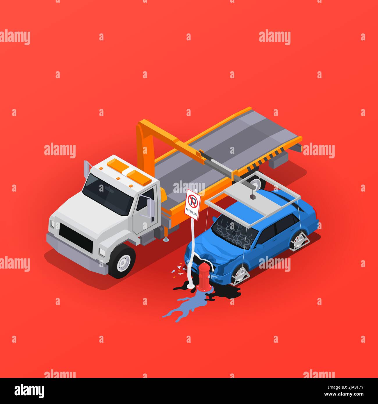 Traffic accidents isometric composition with car evacuator near damaged ...