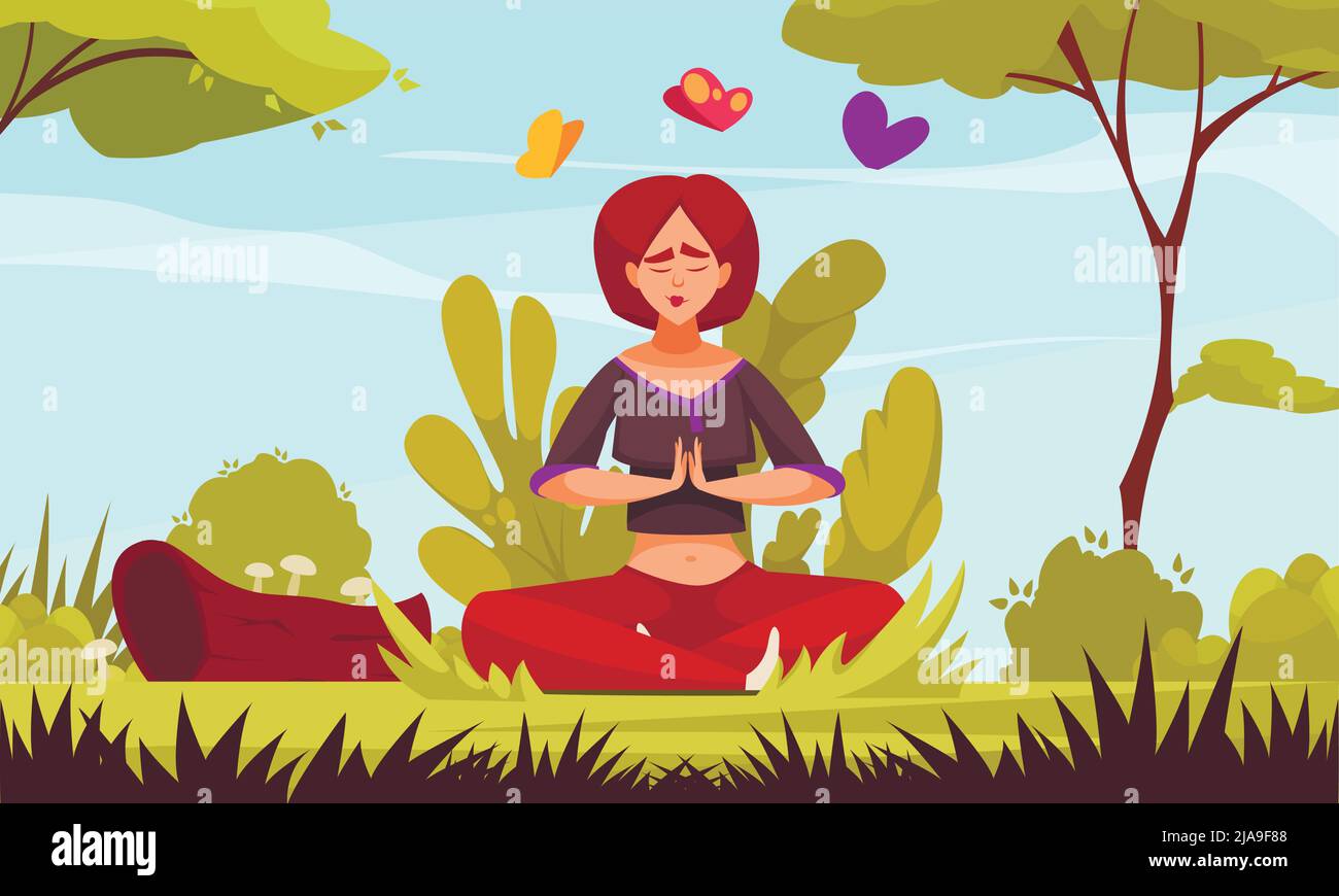 Meditation outdoor in summer cartoon composition with young woman in ...