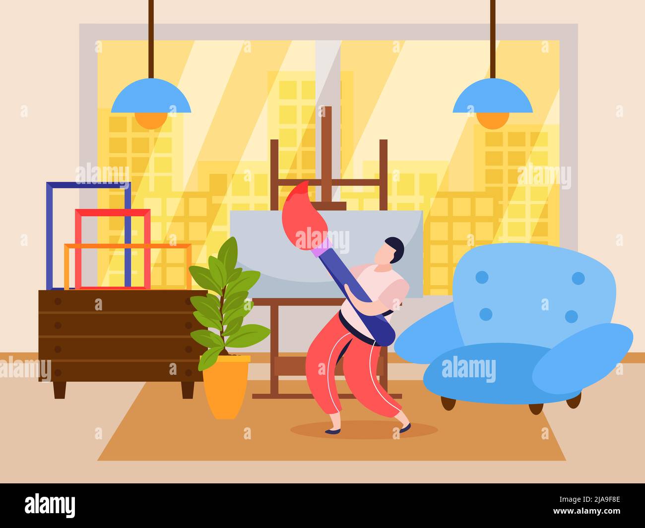 International artists day flat background with painter at work in home ...