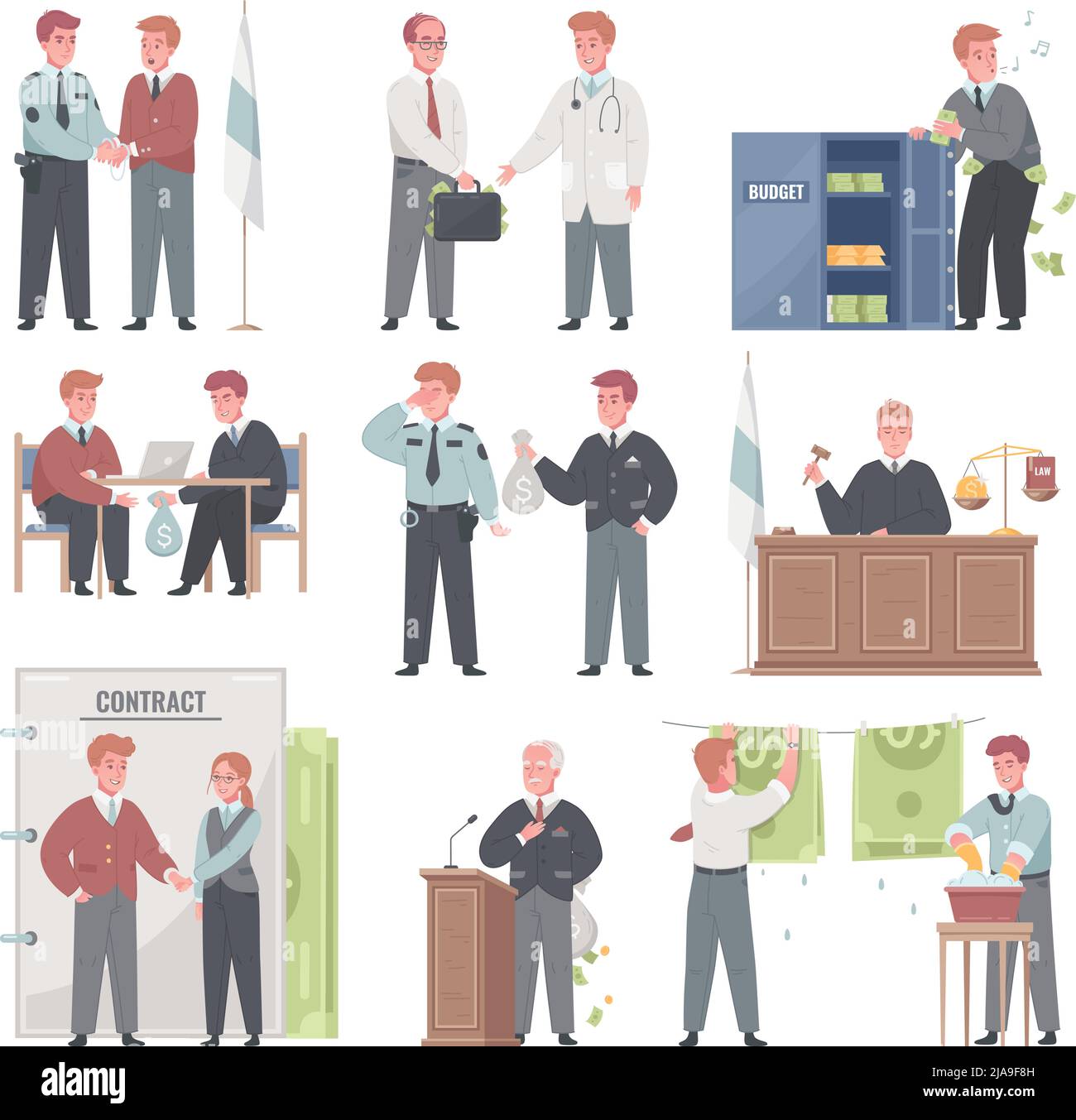 Corruption money laundering crimes cartoon set with bribing officials ...