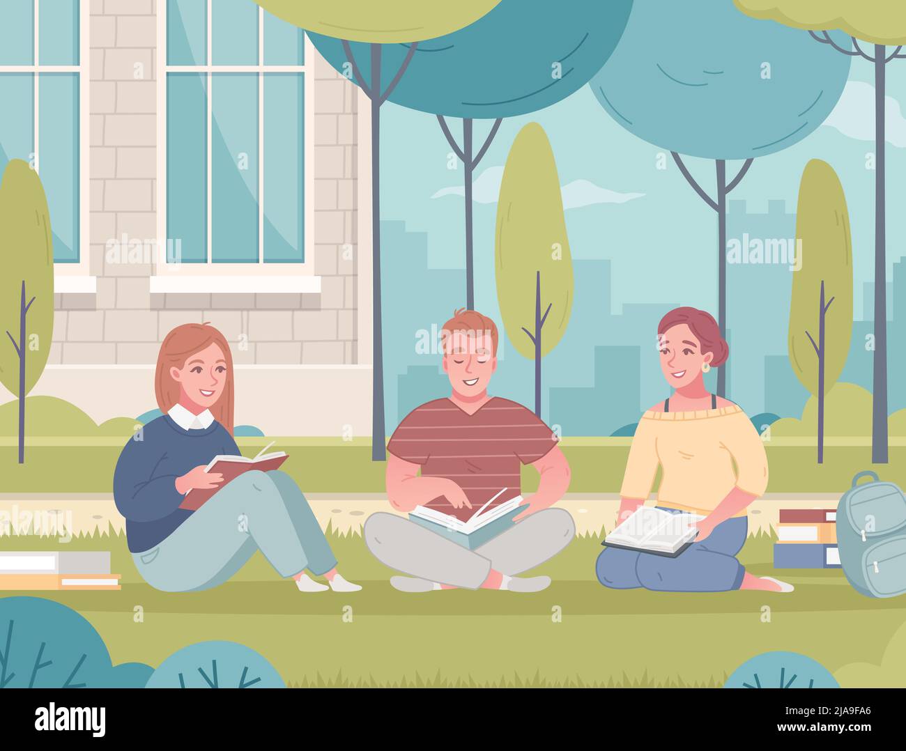 University campus outdoor cartoon composition with students learning ...