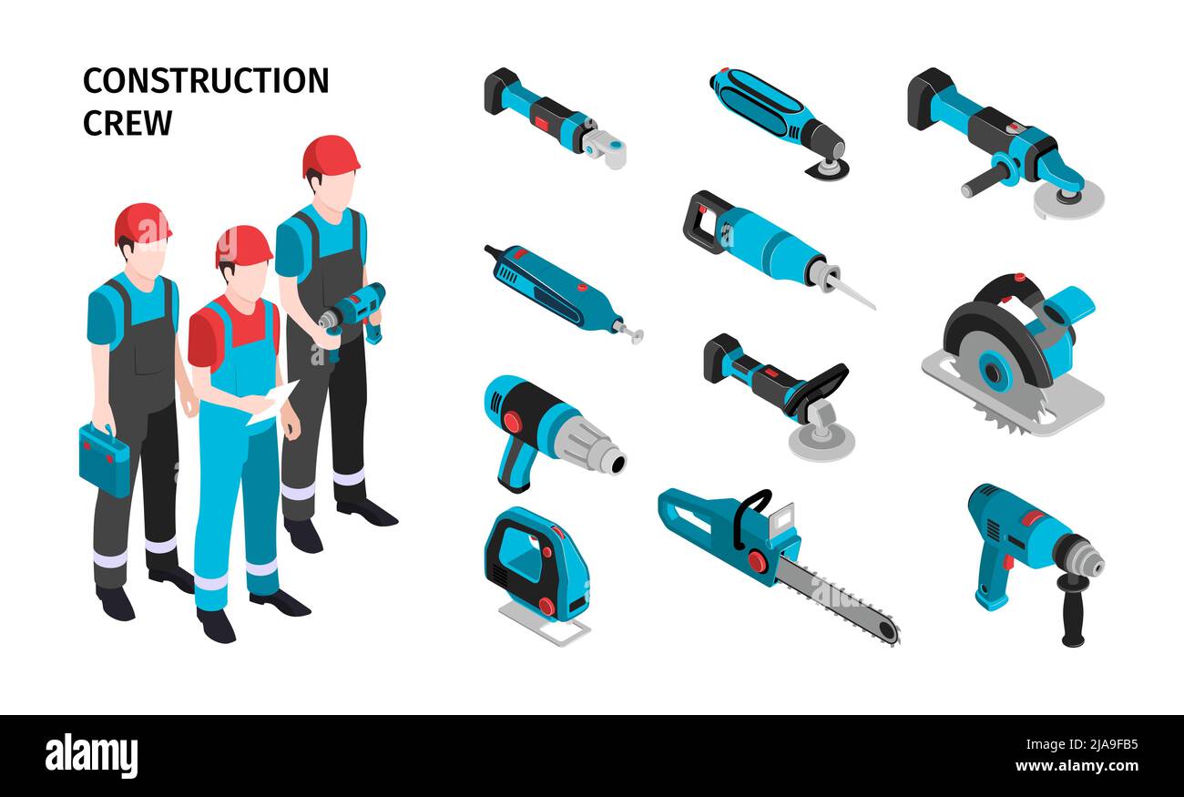 Construction crew isometric composition with male characters in uniform ...