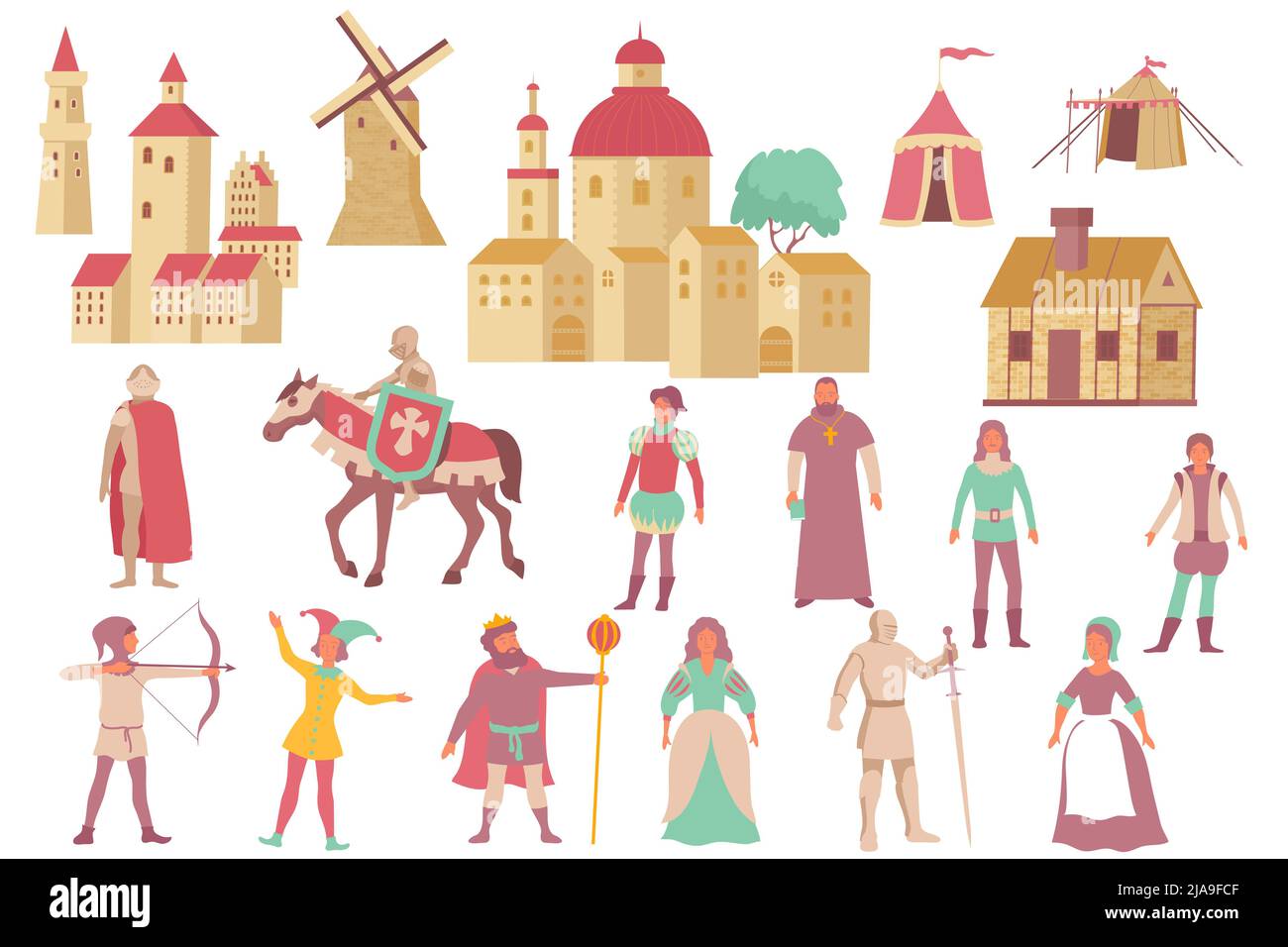 Medieval kingdom set with flat isolated icons of vintage town buildings ...