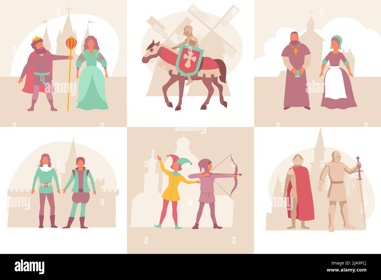 Set of medieval compositions with flat townscape silhouette backgrounds ...