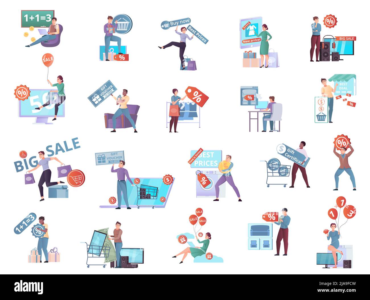 Sale people coupon set of flat isolated icons and human characters of ...