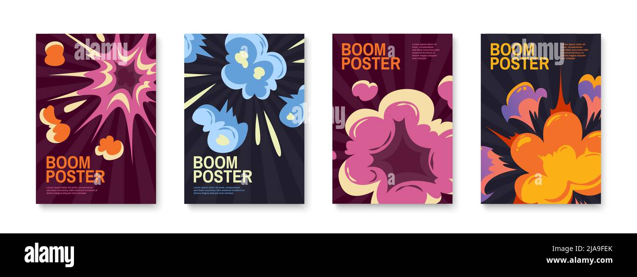 Cartoon set of four vertical boom effect posters with bomb explosion ...
