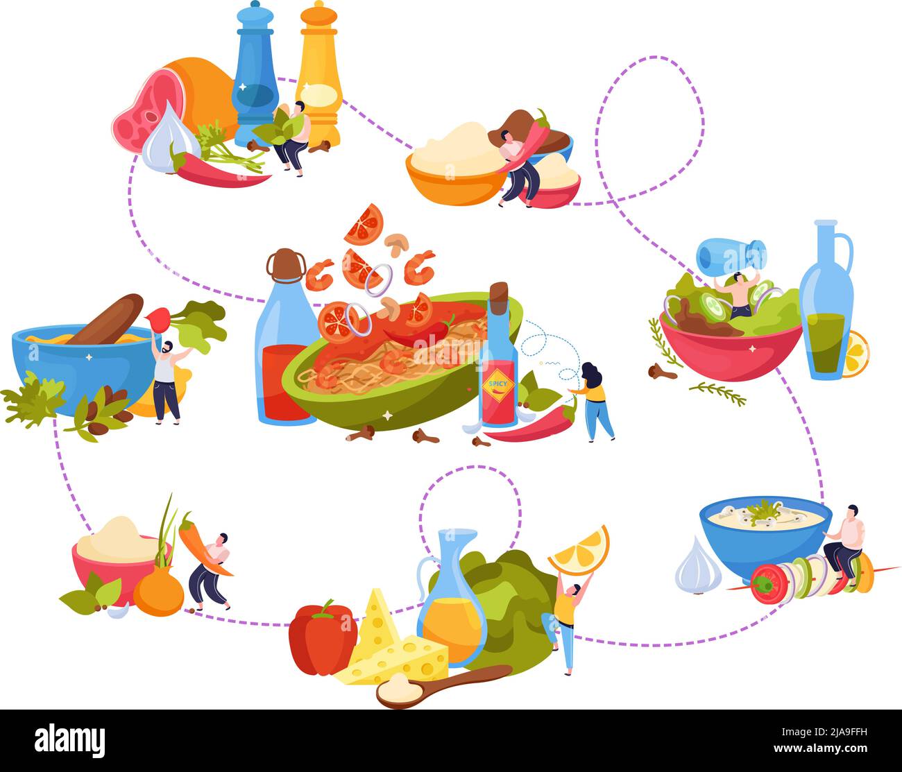 Spices and seasonings flat design concept with different condiments ...