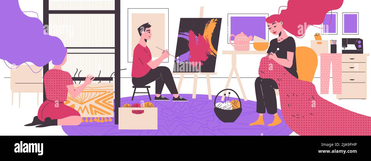 Creative hobby background with painting and knitting symbols flat ...