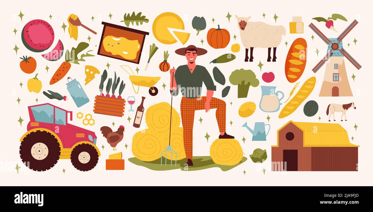 Farm big set with agriculture and harvest symbols isolated vector ...