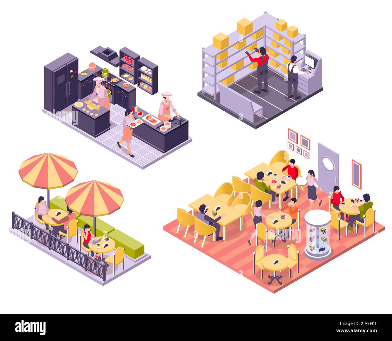 Restaurant cafe isometric interiors icon set kitchen with cooks storage ...