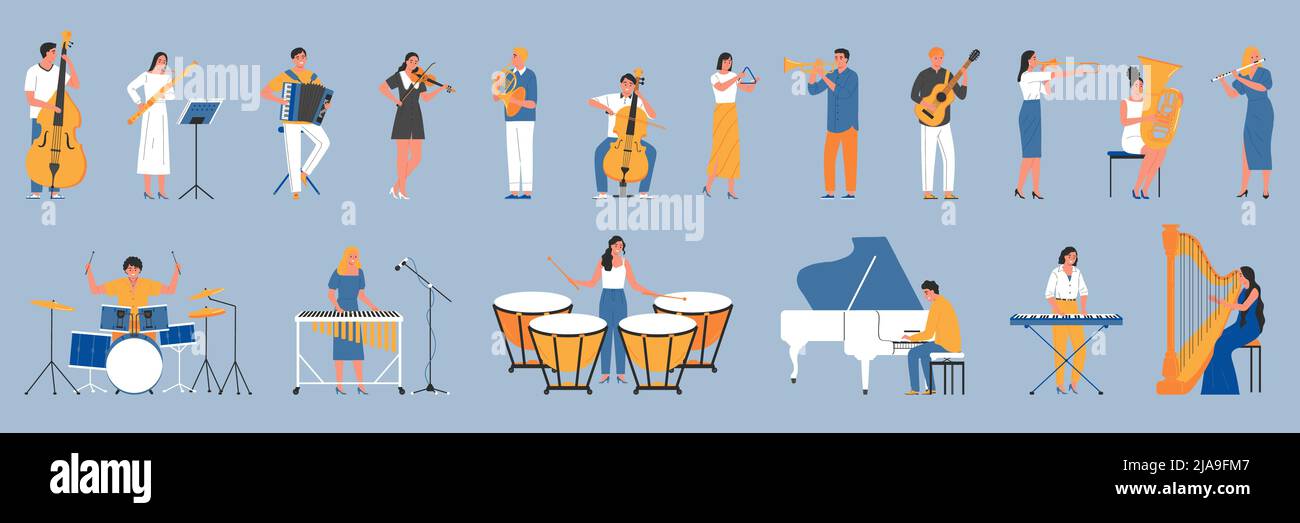 Musician color set with isolated icons of acoustic musical instruments ...