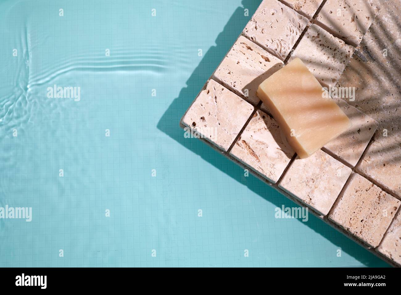 Swimming pool top view background. Water ring and palm shadow on ...