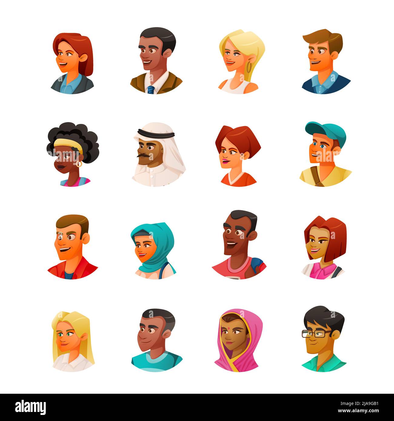 Cartoon characters diversity set of sixteen isolated human heads of ...