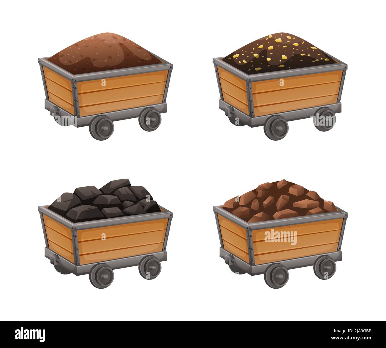 Mining miner cartoon set with four isolated images of wooden mine carts ...