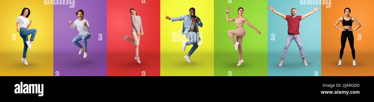 International group of people having fun on colorful backgrounds Stock ...