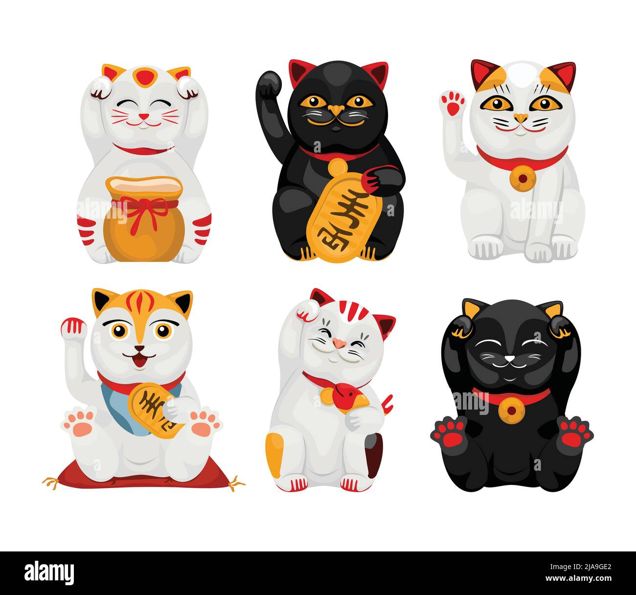 Japanese lucky cat maneki neko set of isolated icons with oriental mascot pet animal vector ...