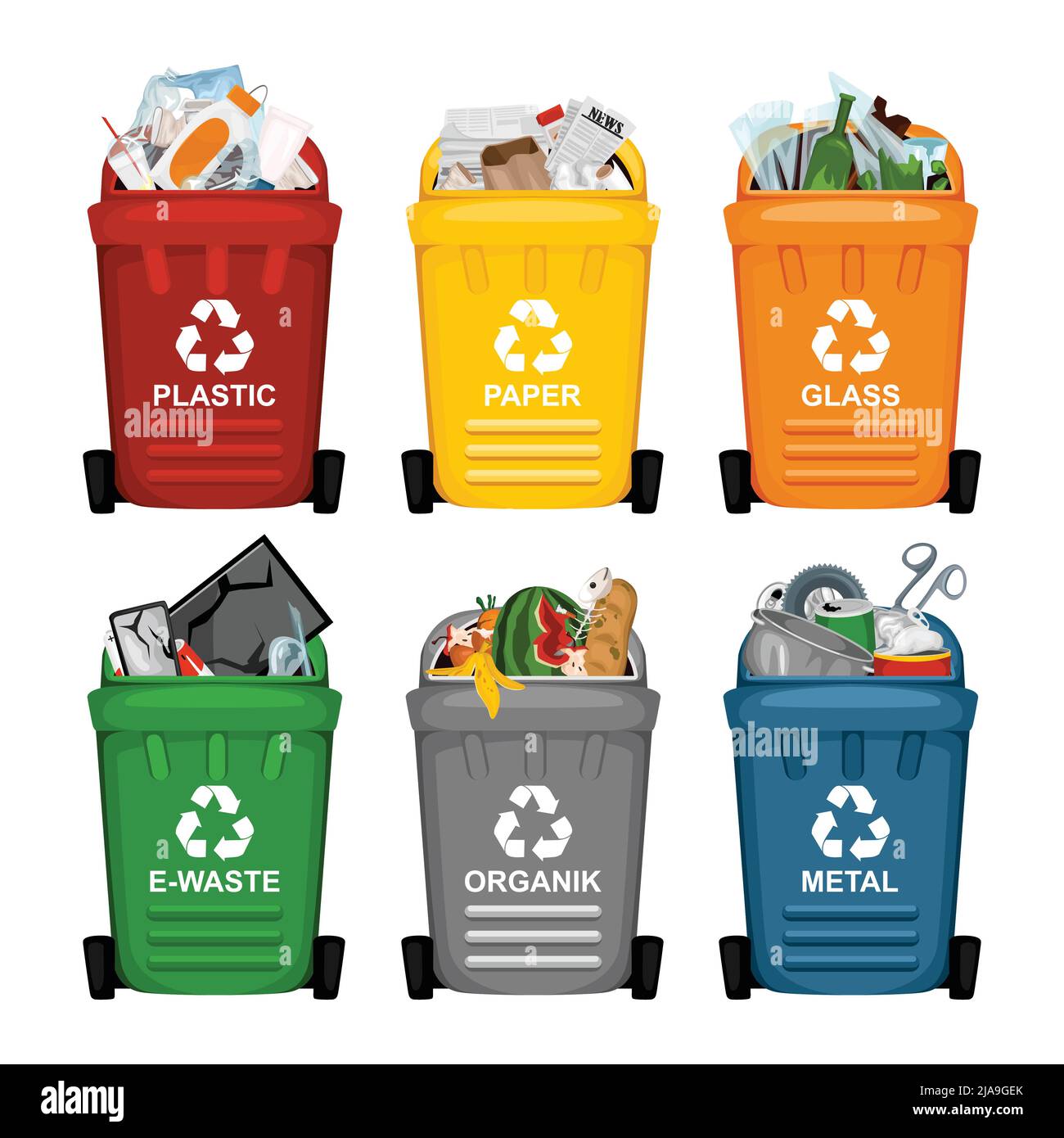 Set of six isolated plastic garbage containers with wheels and text ...