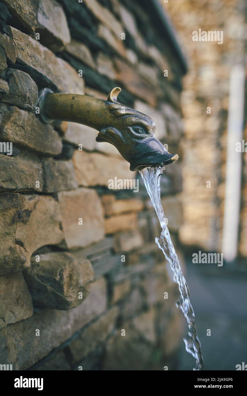 Water falling through a spout in the shape of an animal's head in a ...