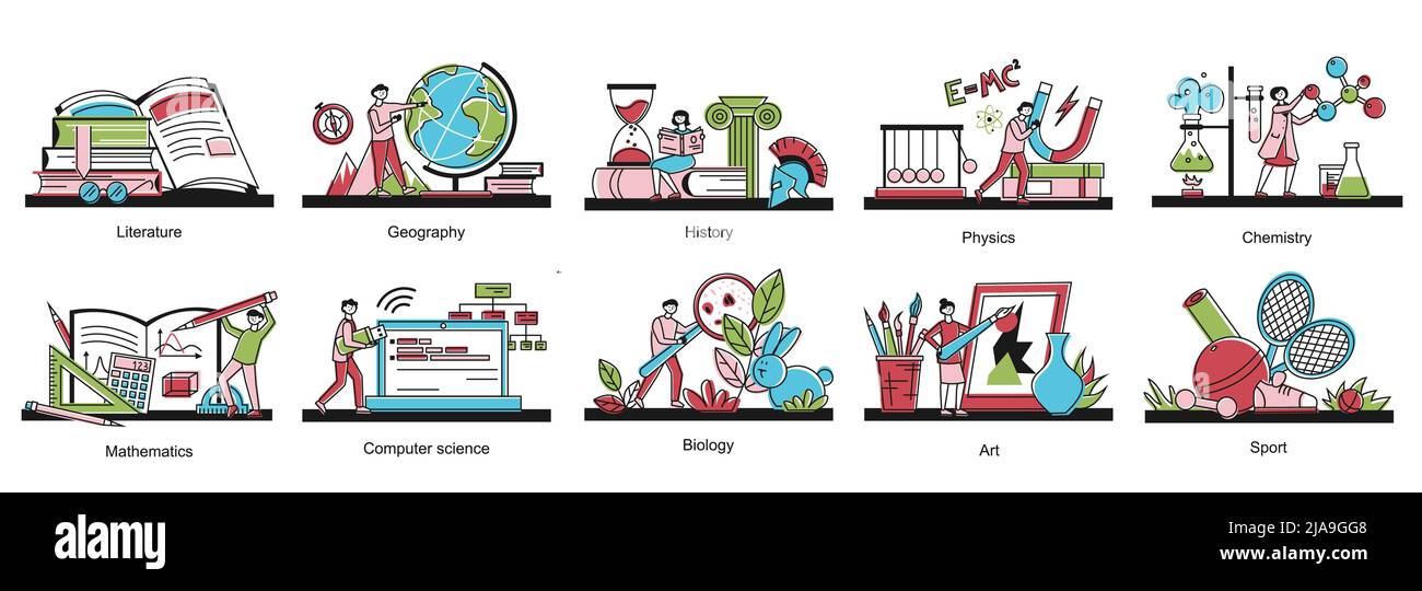 School education subject color set of isolated compositions with human ...