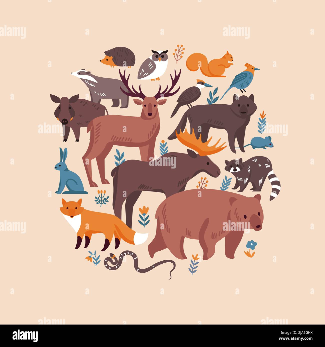 Forest animals round composition of wild flowers and grass icons with ...
