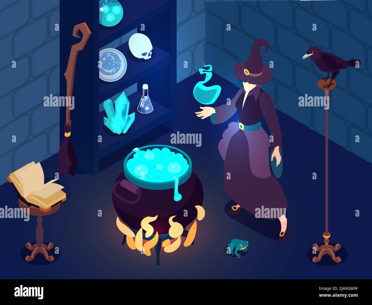 Isometric wizard magic composition with indoor scenery and female ...