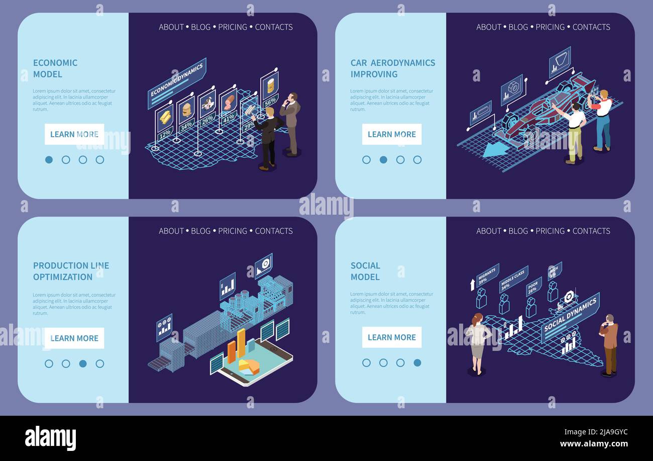 Digital twin technology isometric horizontal banners set with ...