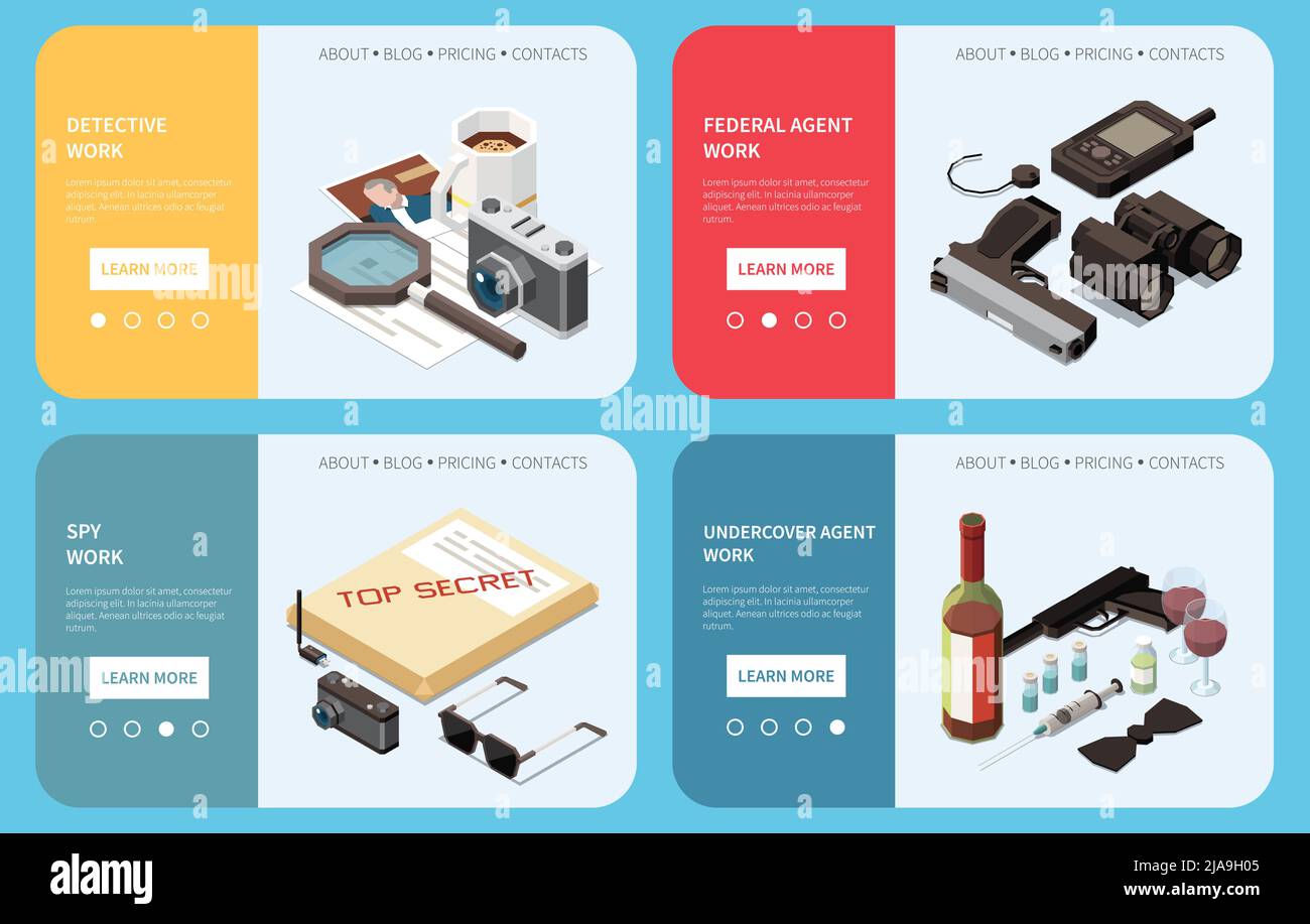 Isometric horizontal banners set with various tools for detective spy ...